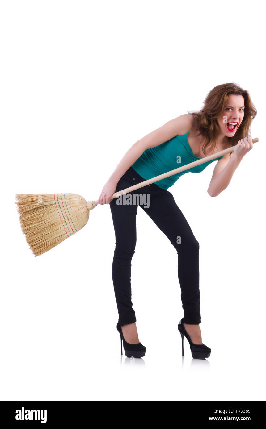 Young woman with broom isolated on white Stock Photo - Alamy