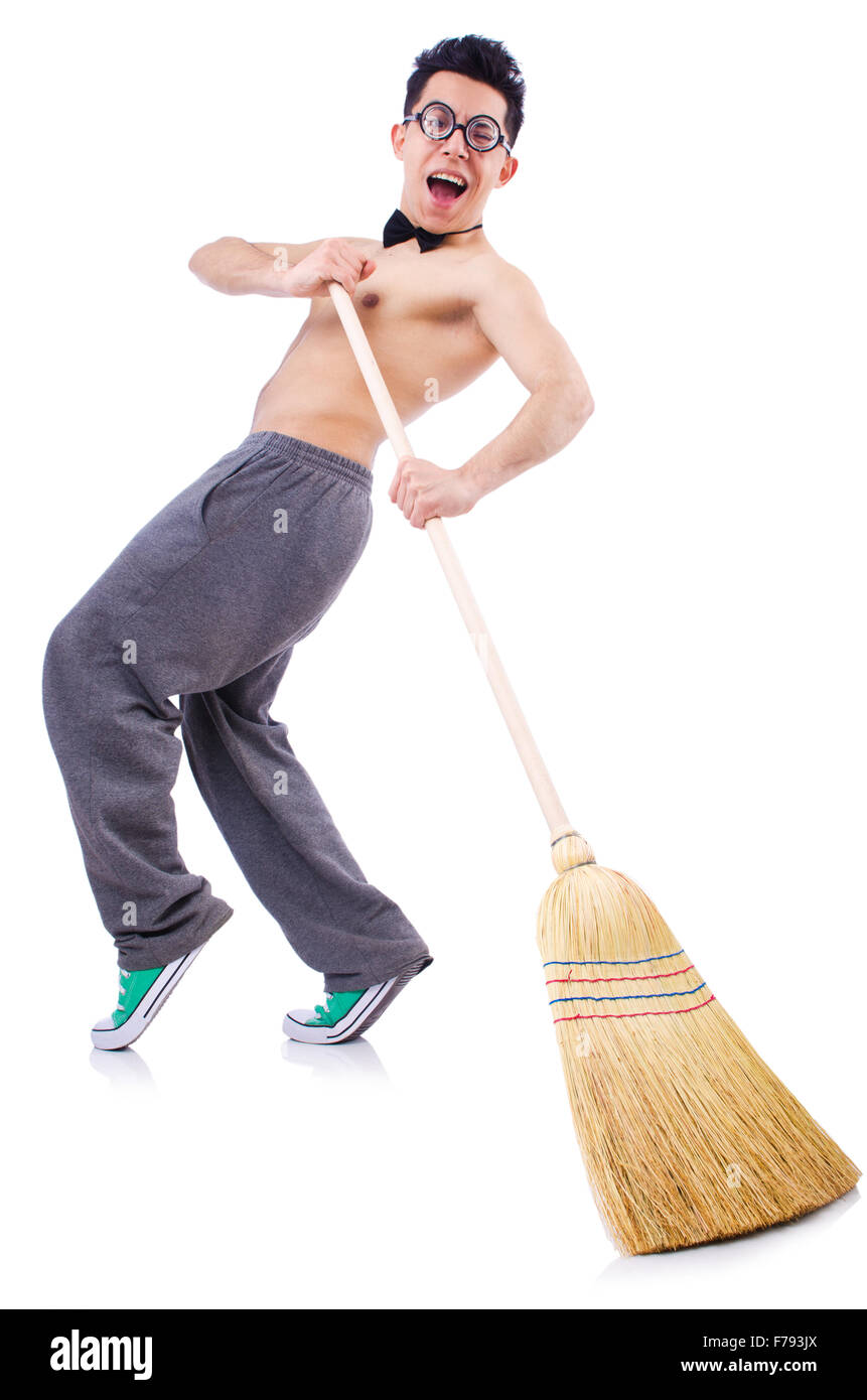 Funny man with broom on white Stock Photo - Alamy