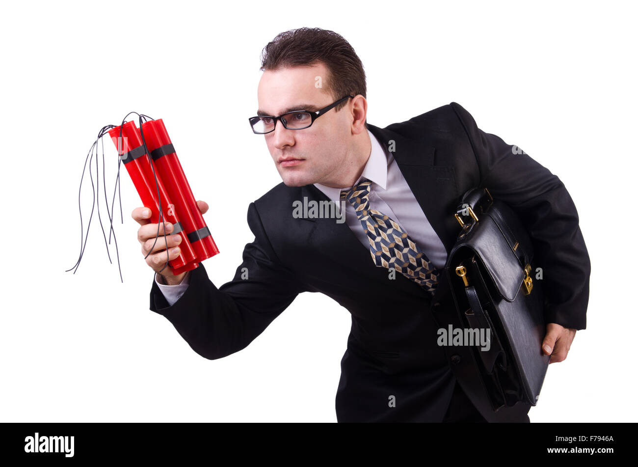 Businessman with dynamite isolated on white Stock Photo - Alamy