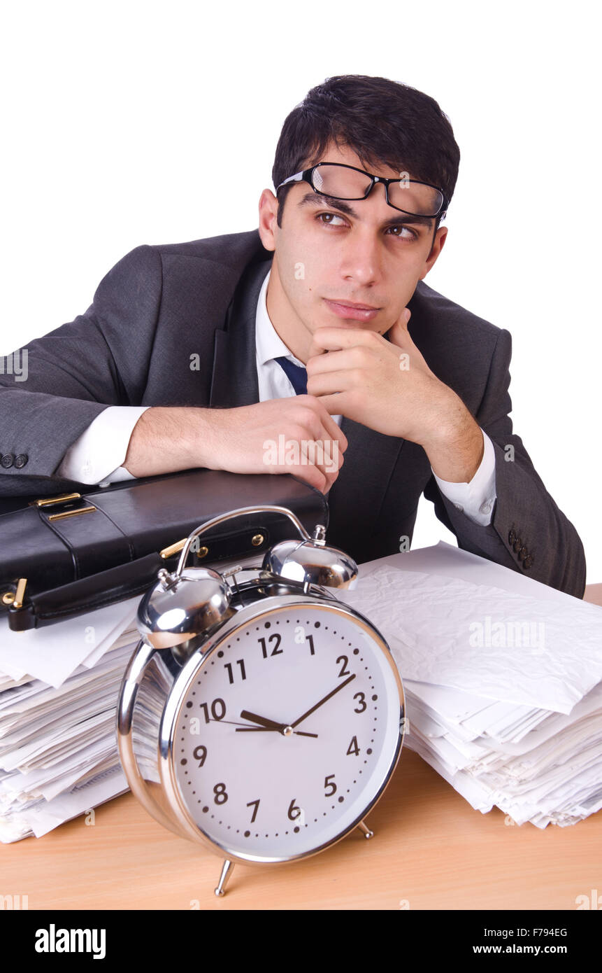 Woman businessman with giant alarm clock Stock Photo - Alamy