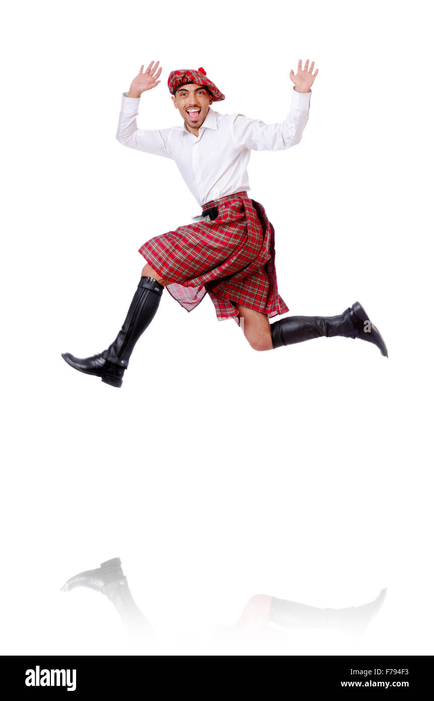 Scottish man dancing on white Stock Photo - Alamy