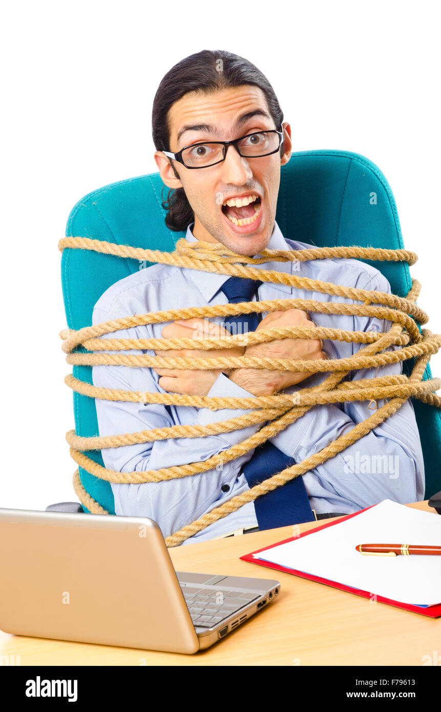 Young businessman tied with rope Stock Photo - Alamy