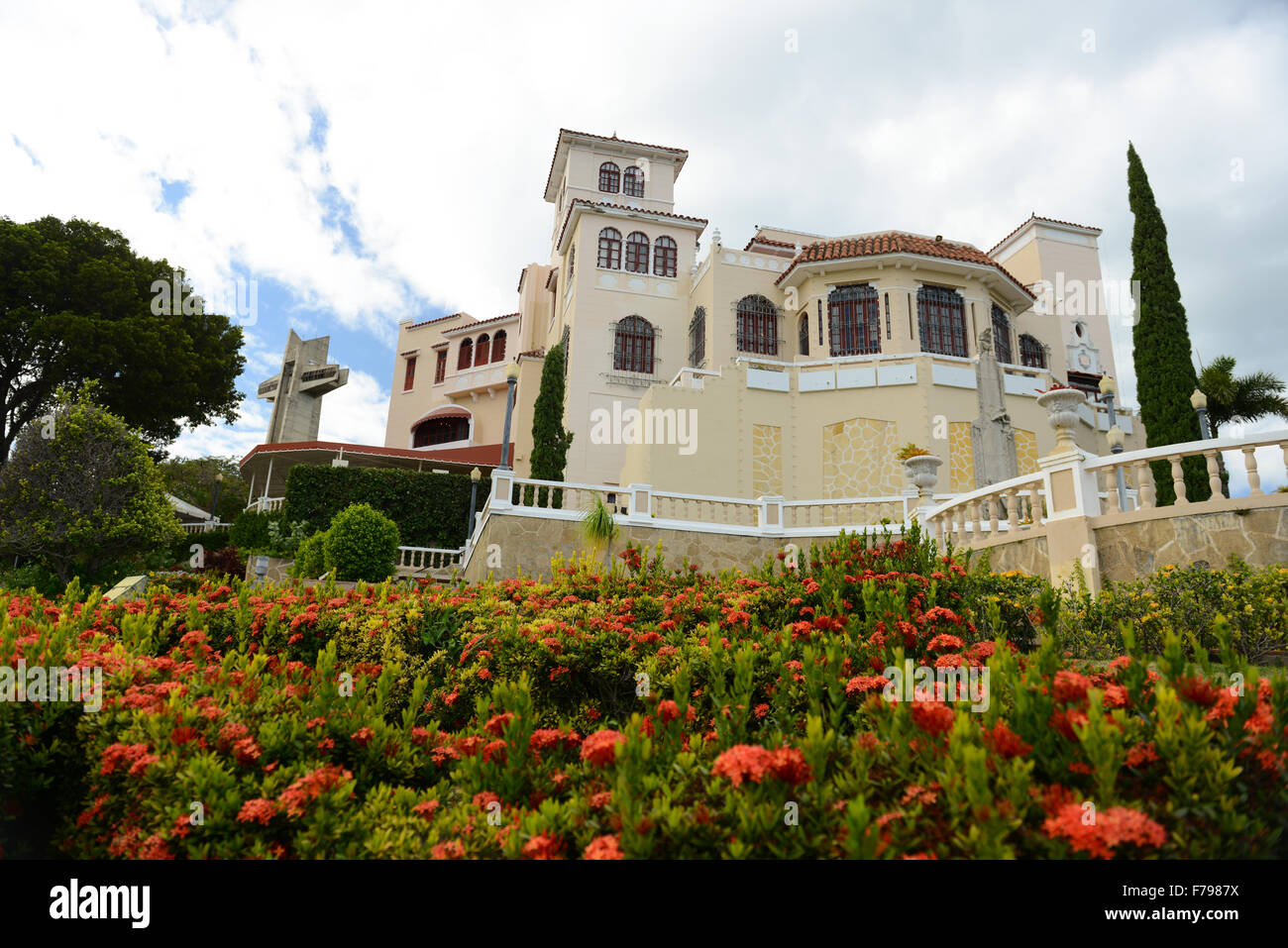 Front view of the Serralles Castle and the The Watchman Cross from the ...