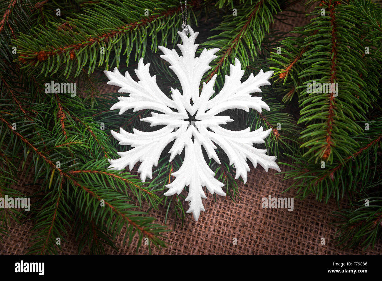 White snowflake on the background of fir branches Stock Photo - Alamy