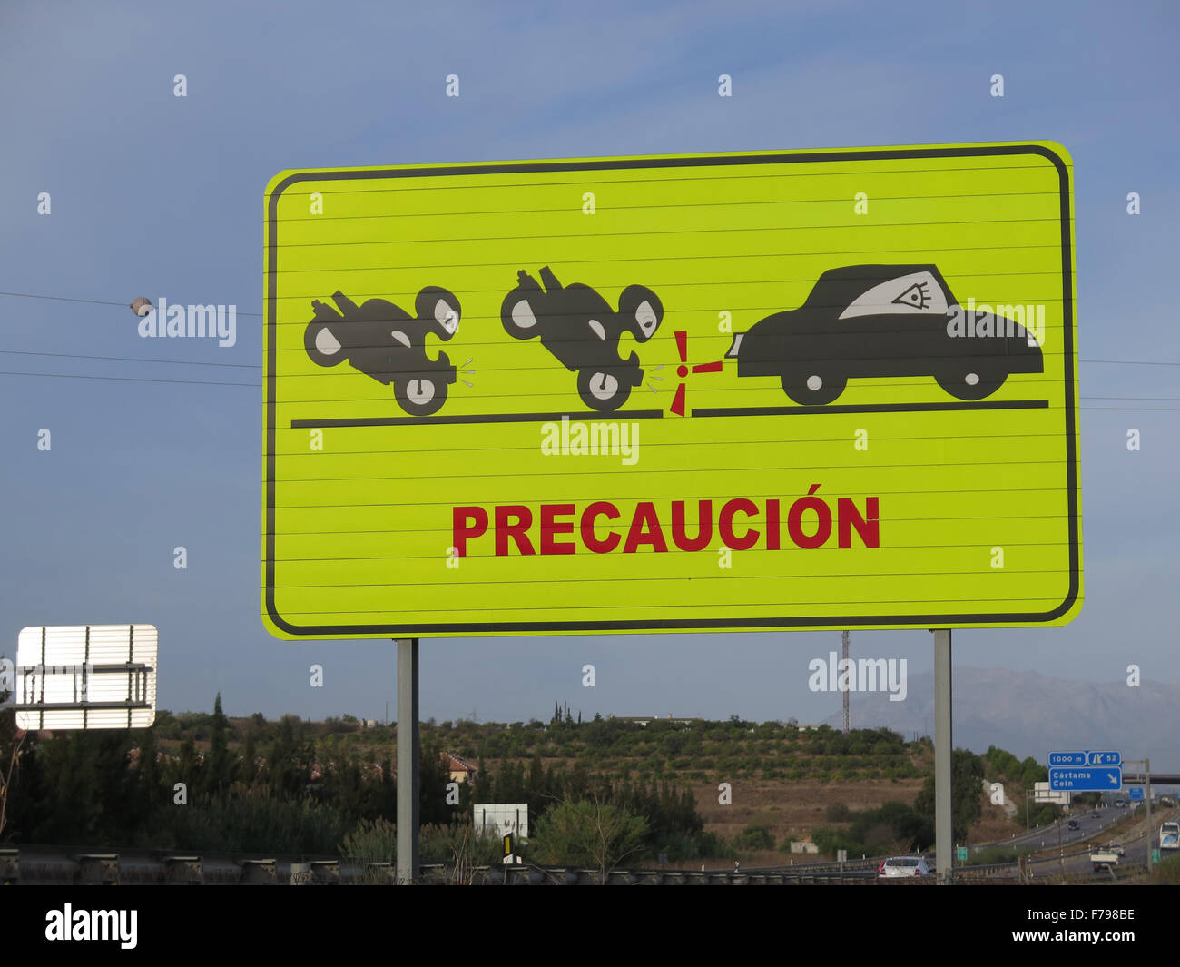 Large yellow road sign warning of congestion and possible queue Stock ...