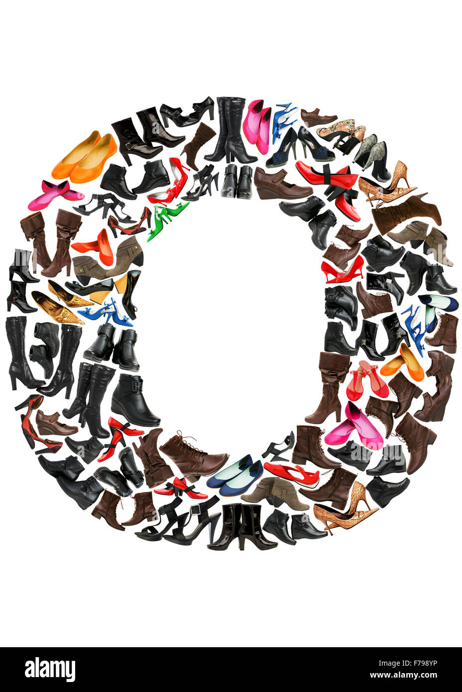Font made of hundreds of shoes - Letter O Stock Photo - Alamy
