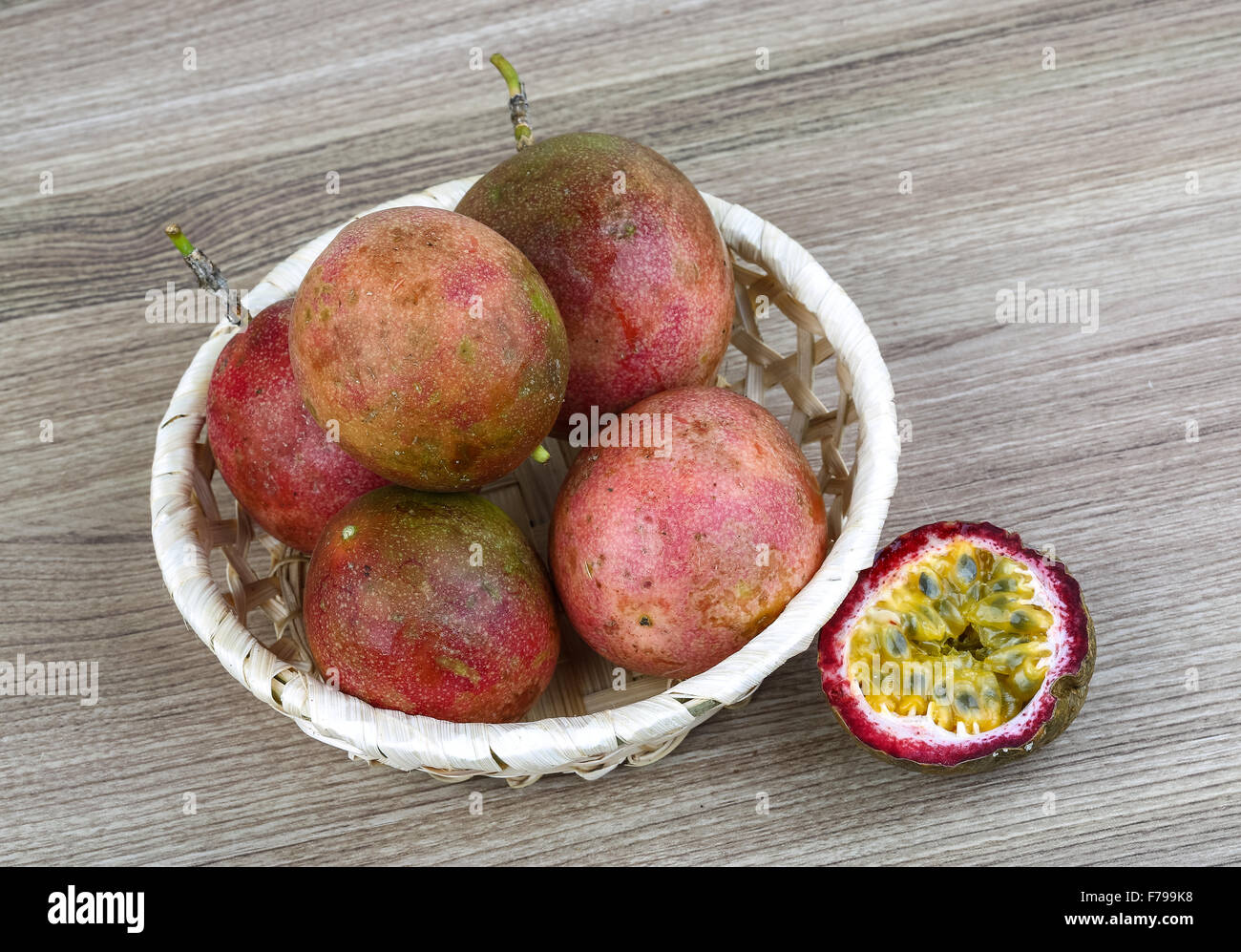 Fresh tropical fruit - Passion fruit - in the basket o wood background ...