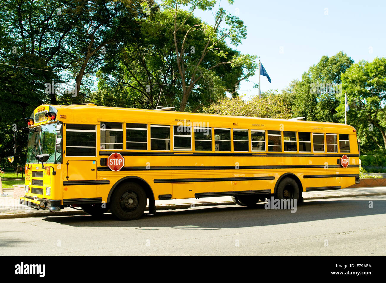 Yellow school bus on the street Stock Photo - Alamy