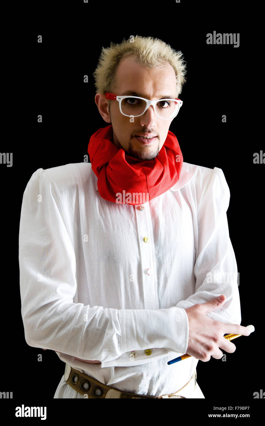 Man with red scarf on the black Stock Photo - Alamy