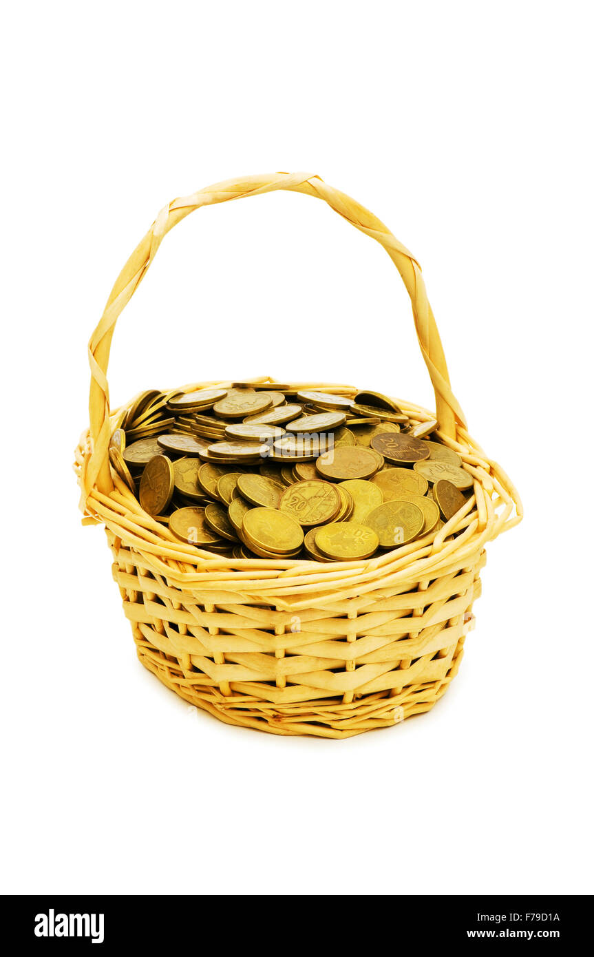 Basket full of coins isolated on white Stock Photo - Alamy