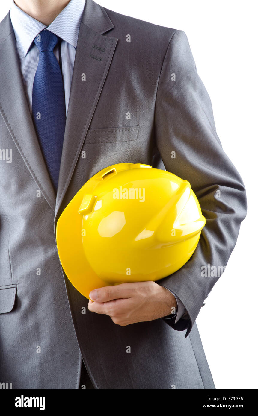 Man with hard hat on white Stock Photo - Alamy