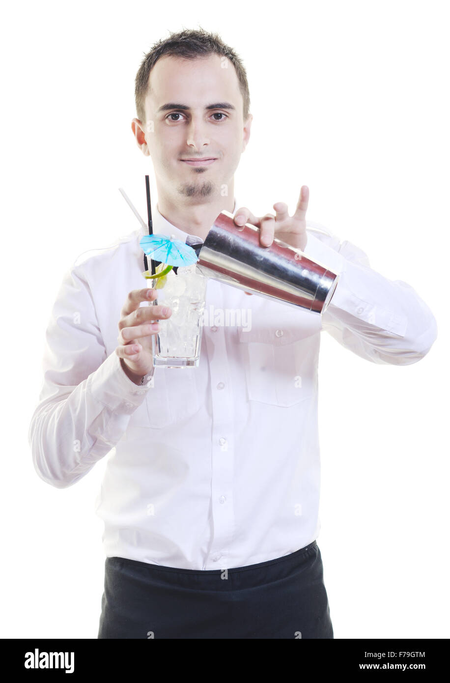 young barman portrait isolated on white background with alcohol coctail ...