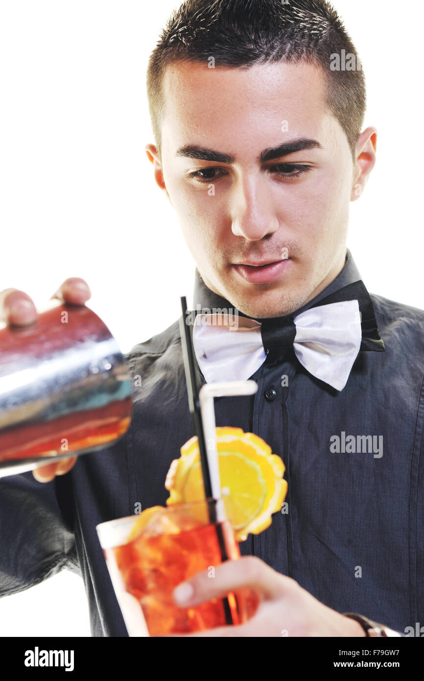 young barman portrait isolated on white background with alcohol coctail ...