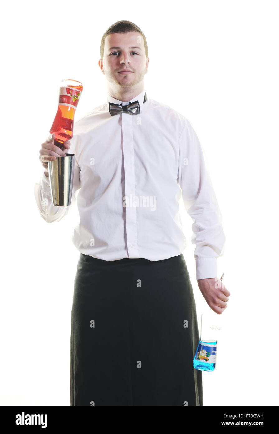 young barman portrait isolated on white background with alcohol coctail ...