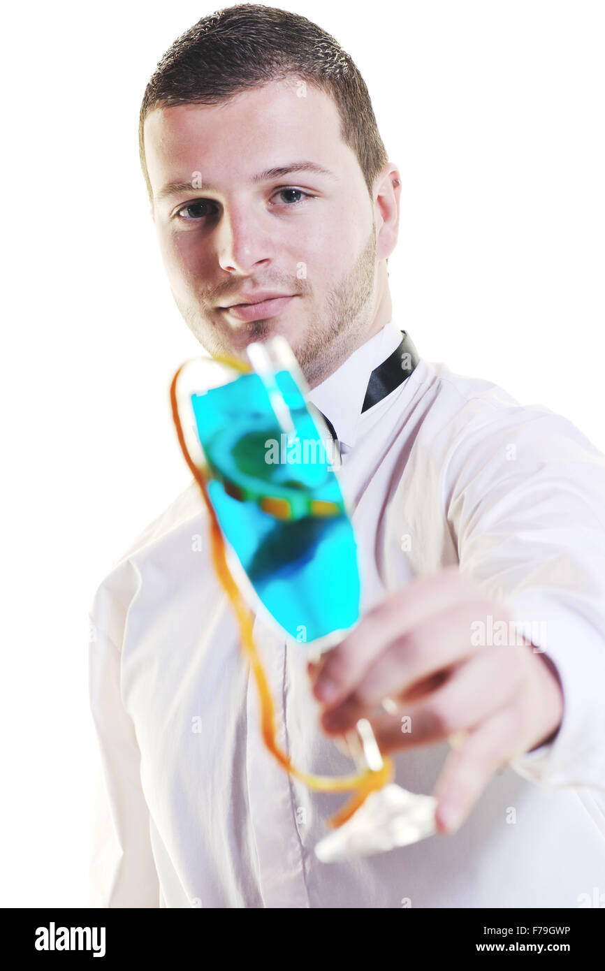 young barman portrait isolated on white background with alcohol coctail ...
