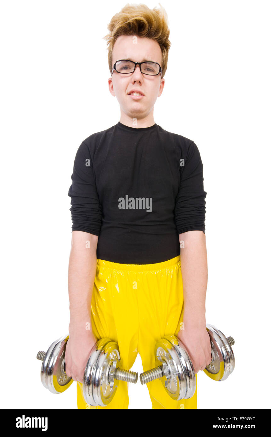 Funny guy with dumbbels on white Stock Photo - Alamy