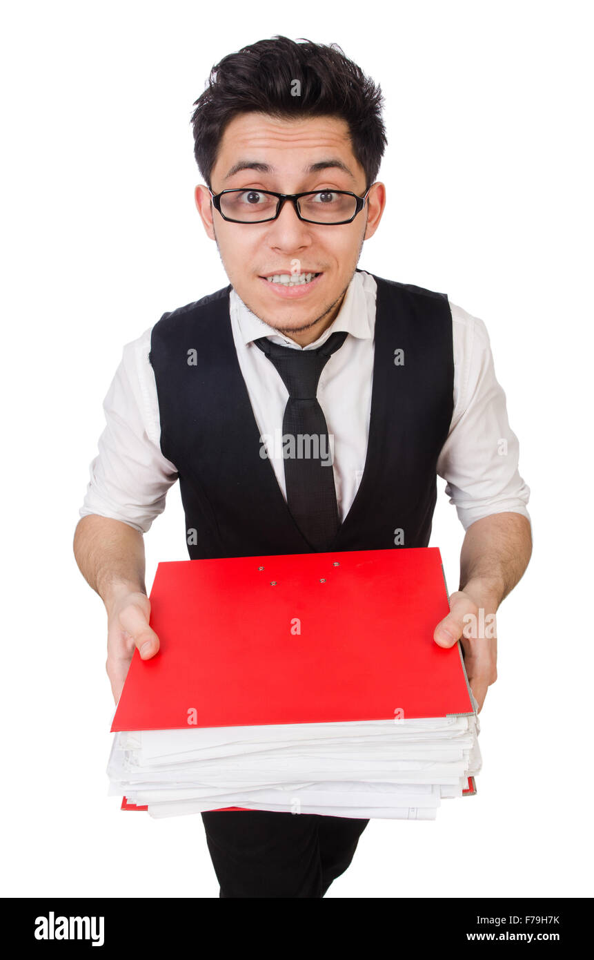 Funny man with lots of folders on white Stock Photo - Alamy