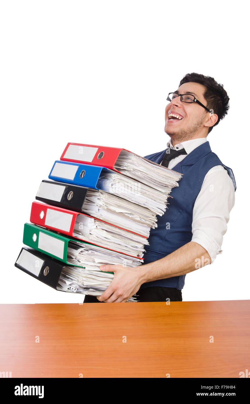 Funny man with lots of folders on white Stock Photo - Alamy