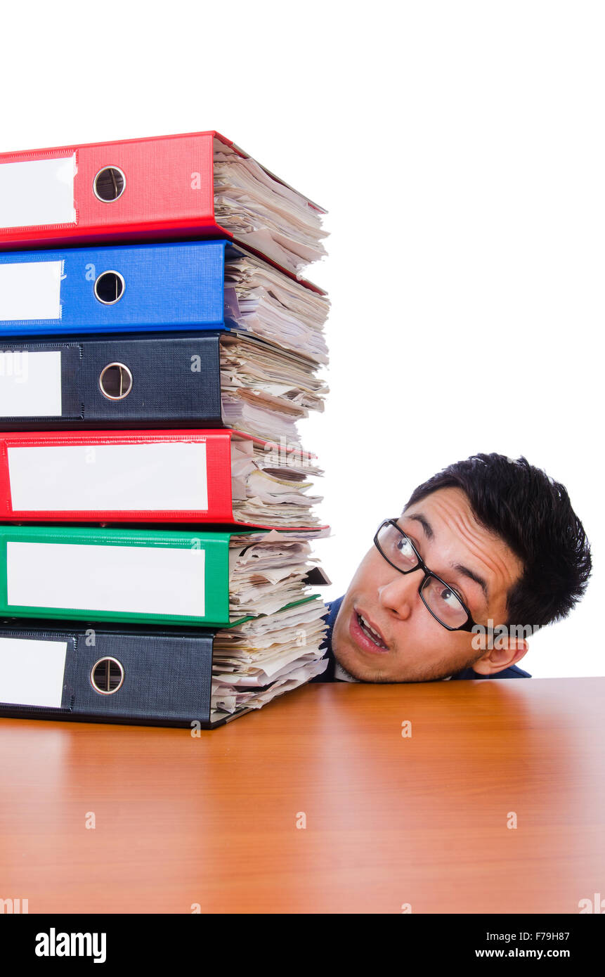 Funny man with lots of folders on white Stock Photo - Alamy