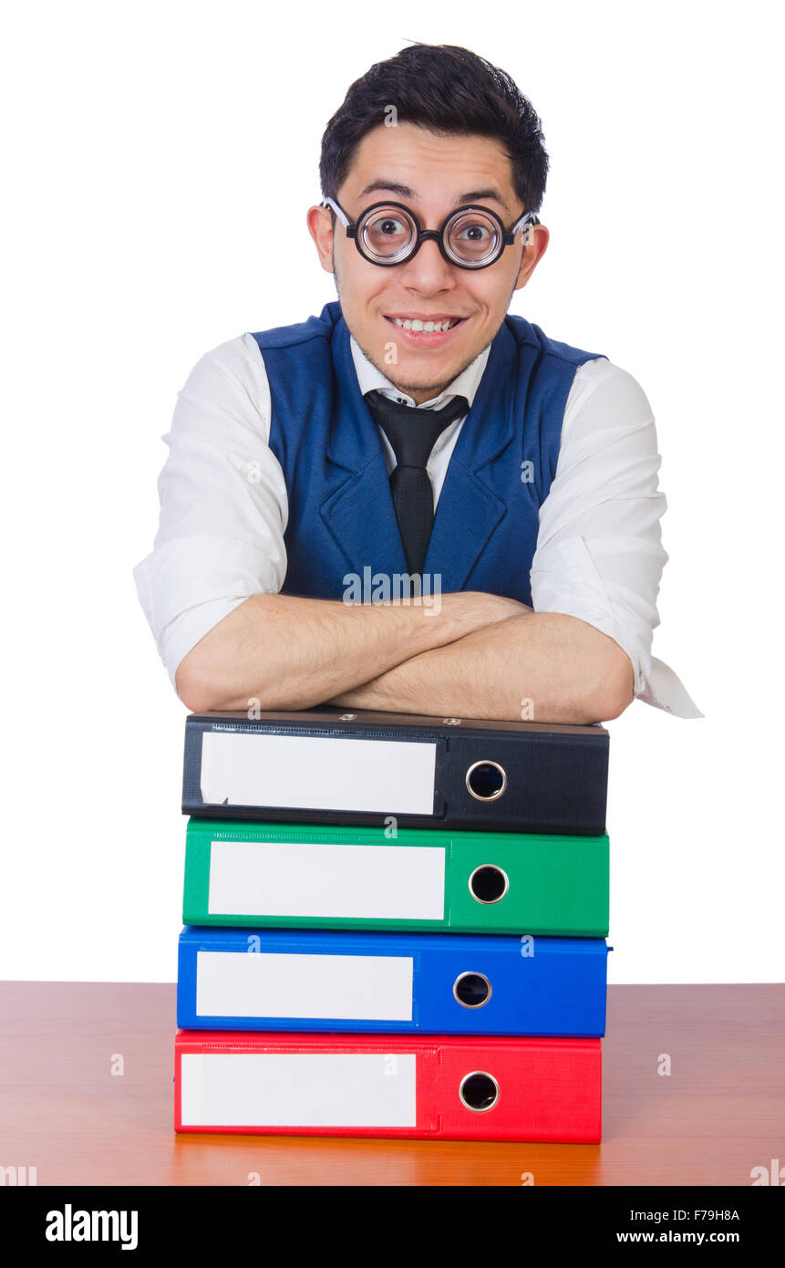 Funny man with lots of folders on white Stock Photo - Alamy