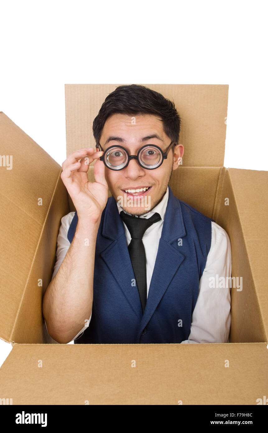 Man in thinking outside the box concept Stock Photo - Alamy
