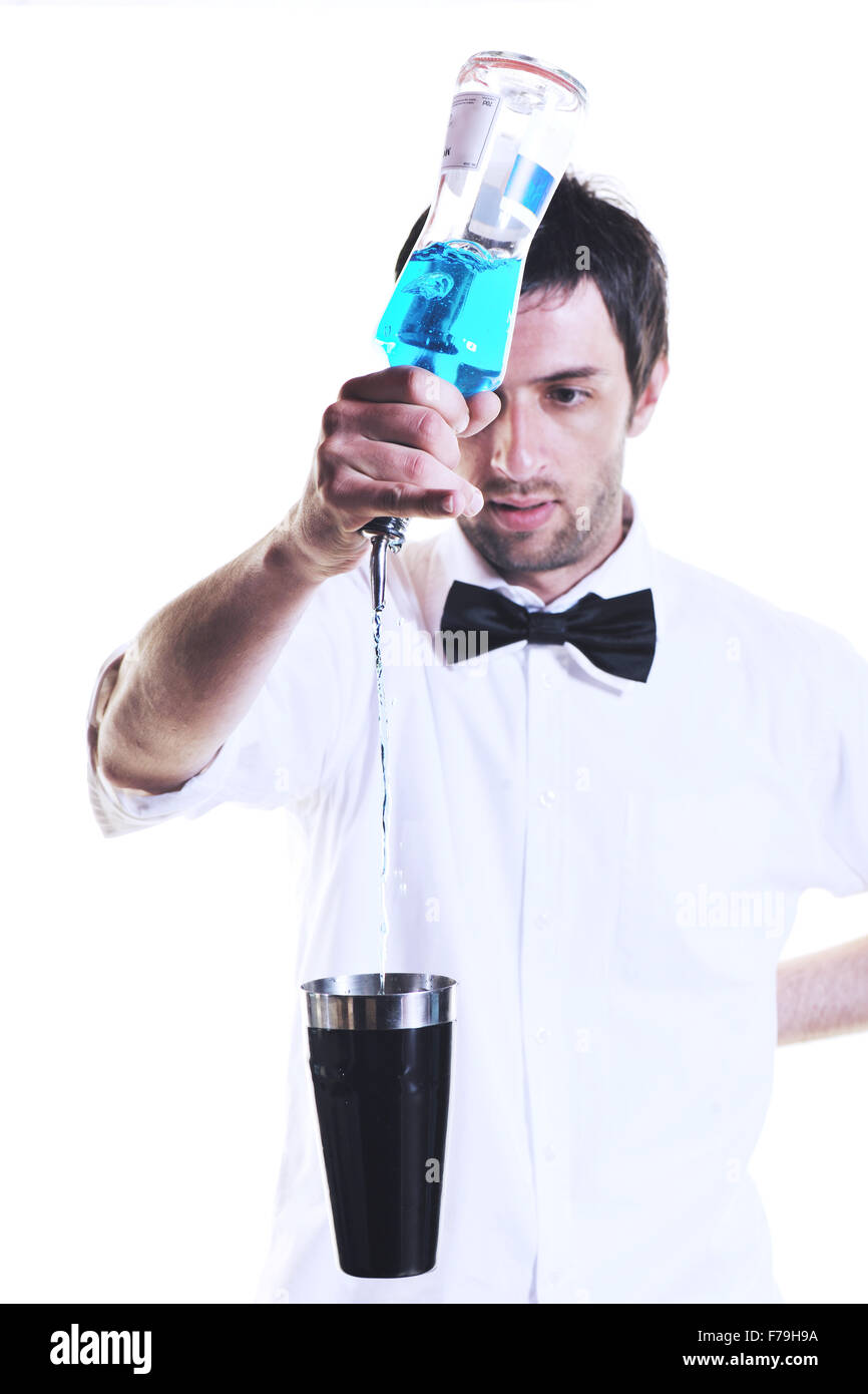 young barman portrait isolated on white background with alcohol coctail ...