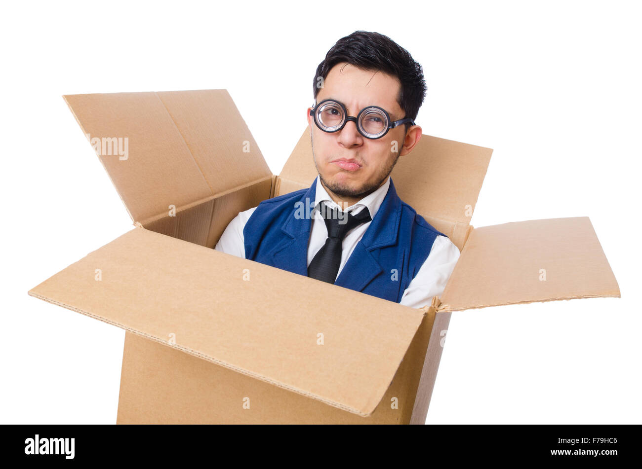 Man in thinking outside the box concept Stock Photo - Alamy