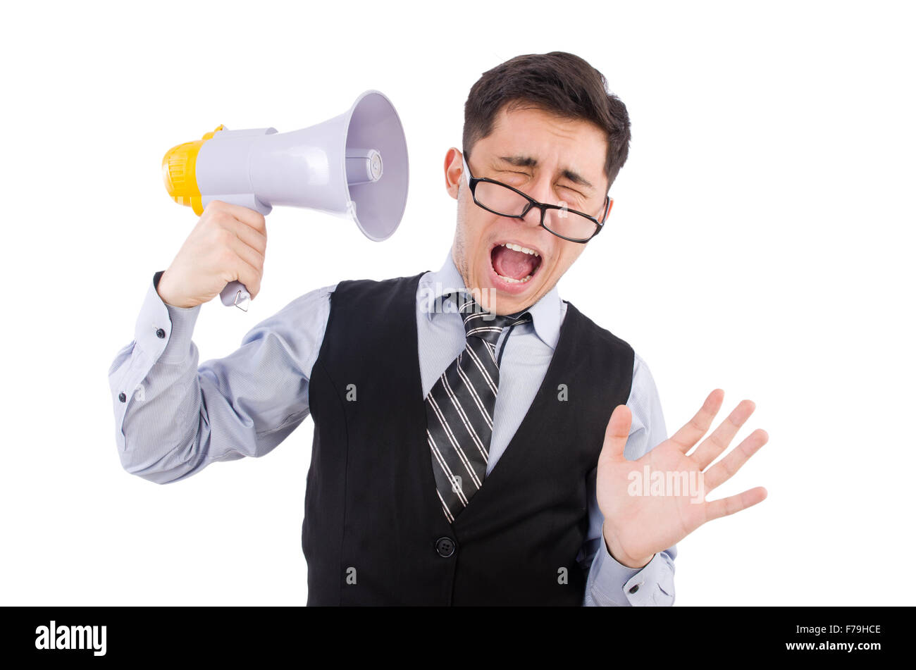 Funny man with loudspeaker on white Stock Photo - Alamy