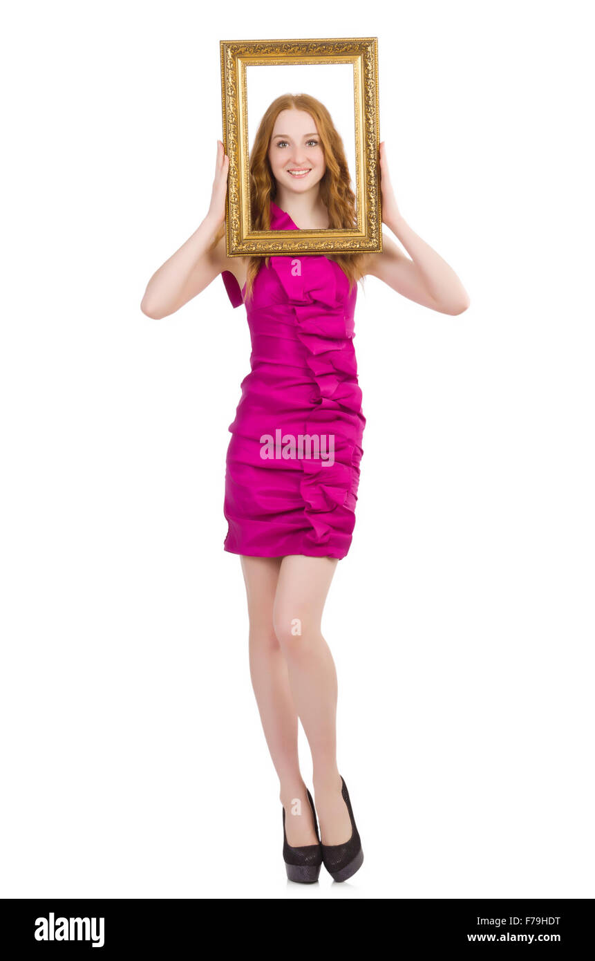 Woman with picture frame on white Stock Photo - Alamy