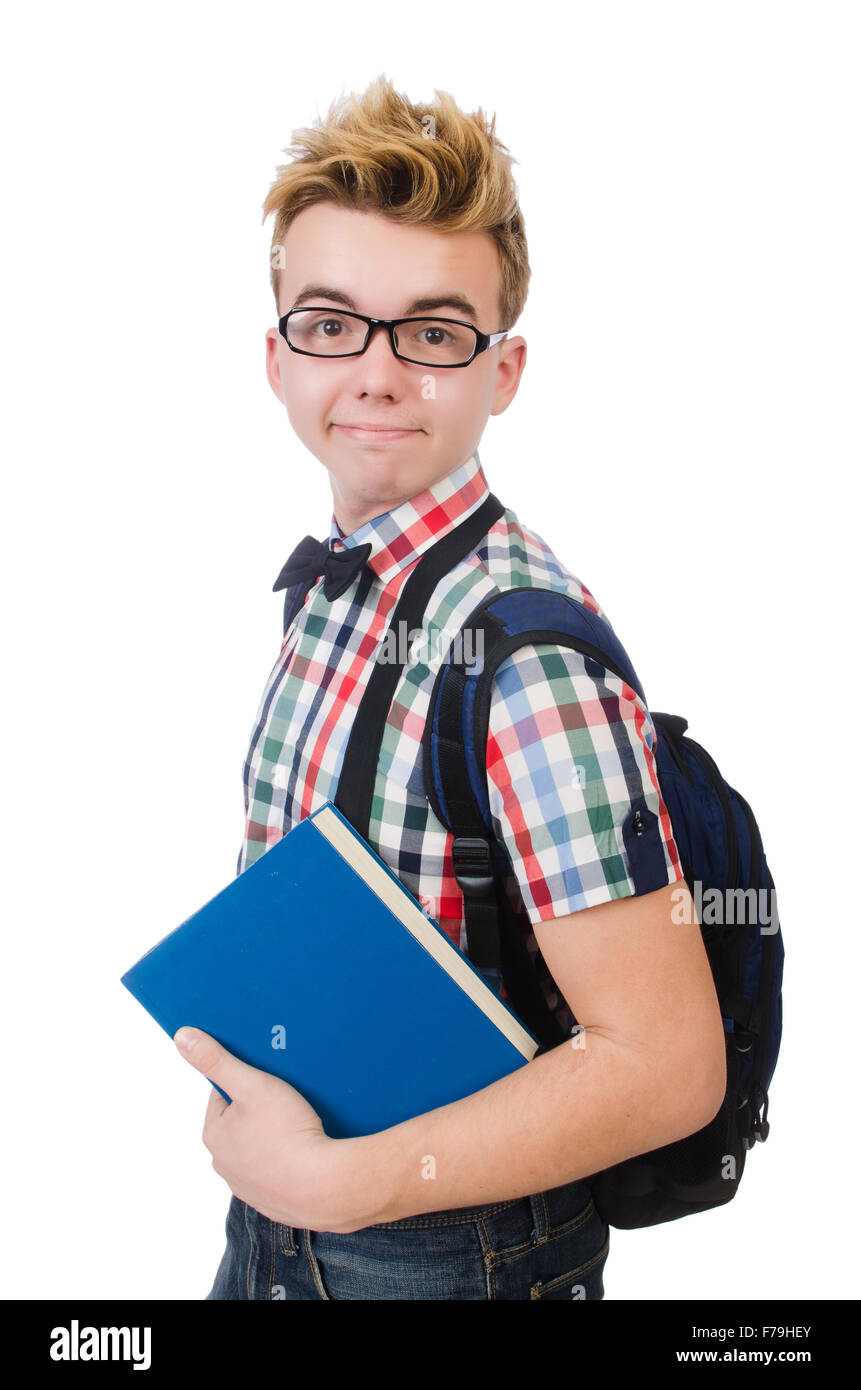 Funny student with stack of books Stock Photo - Alamy
