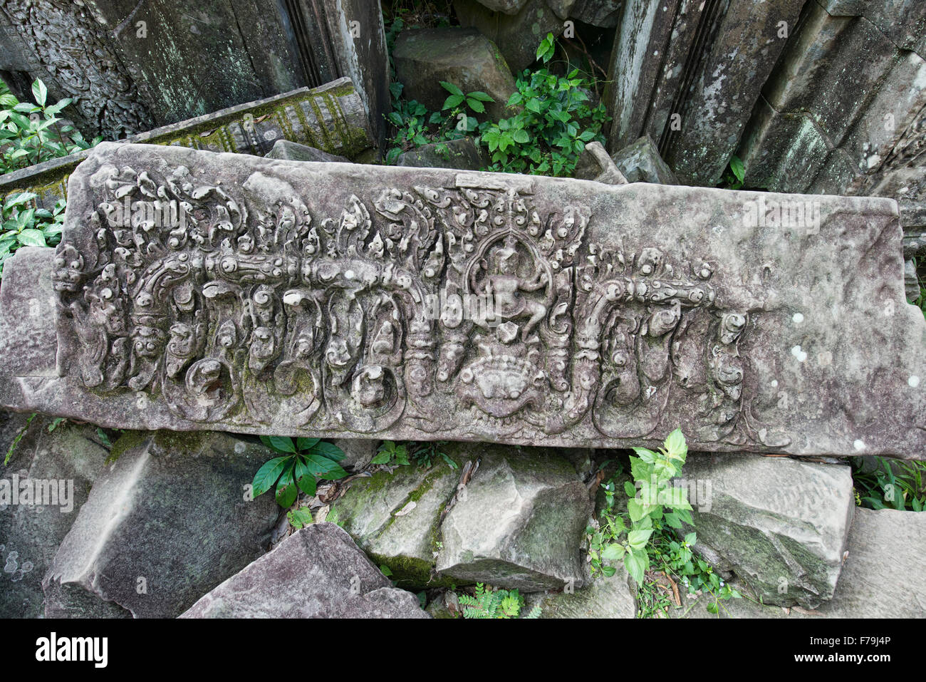 Bas relief carvings at the hidden jungle temple of Beng Mealea, Siem ...