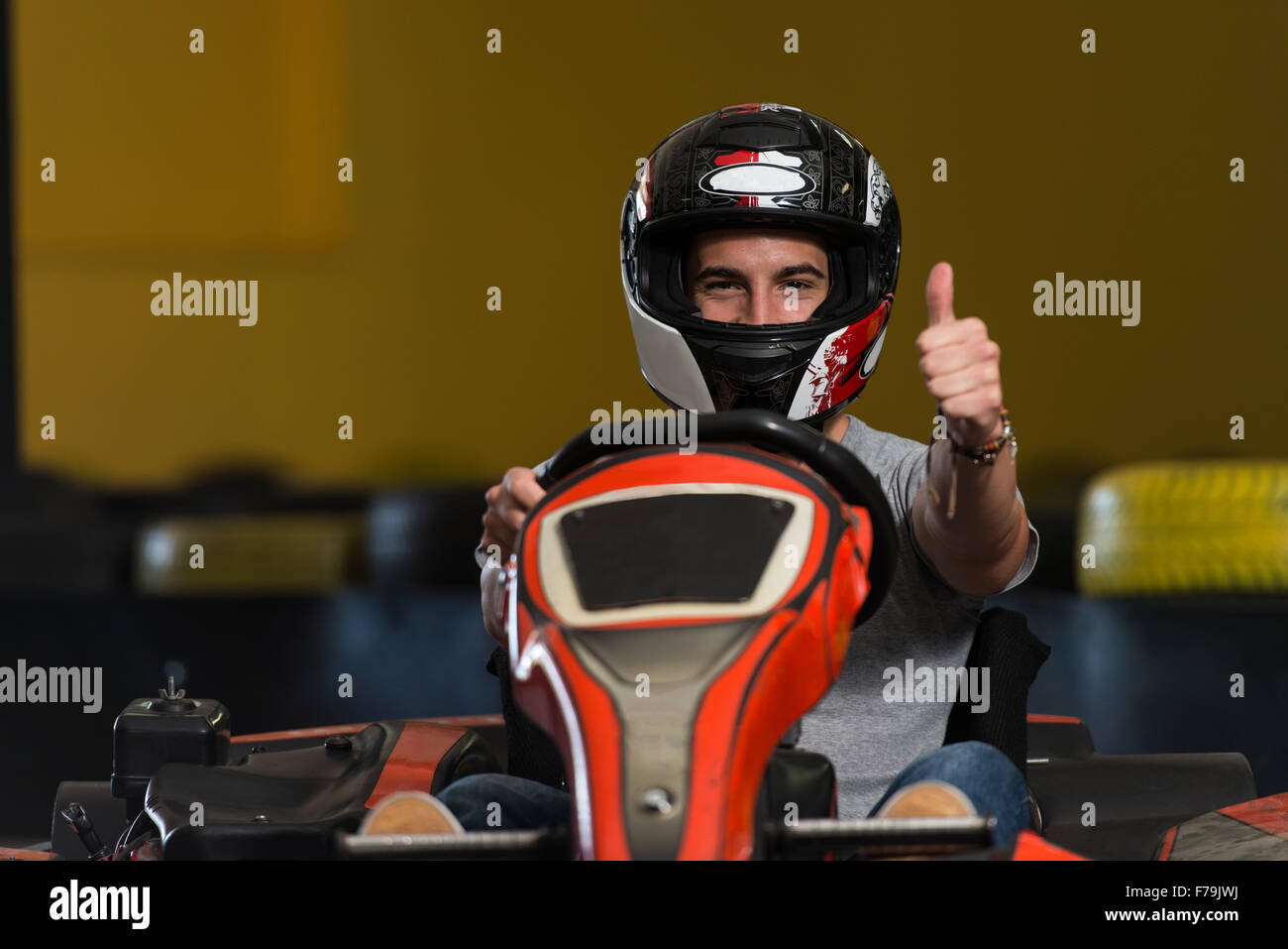 Young Man Is Holding Cup Speed Karting Race Stock Photo - Alamy