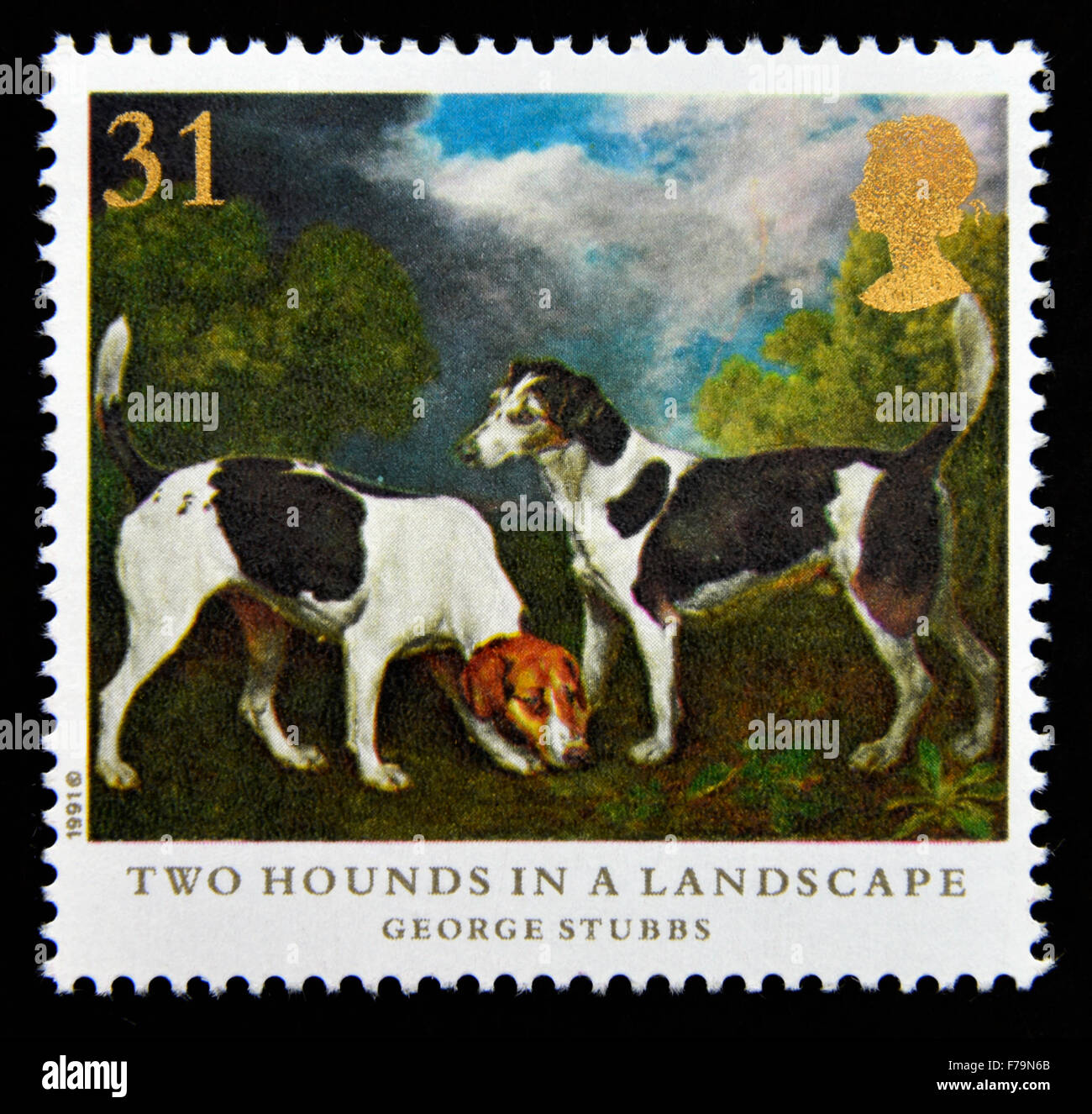 Postage stamp. Great Britain. Queen Elizabeth II. 1991. Dogs. Paintings ...