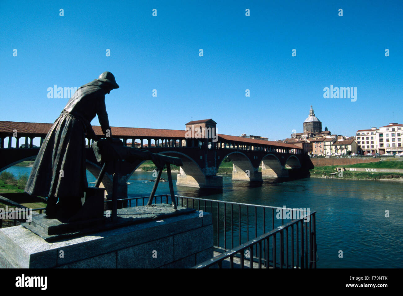 Italy, Lombardy, Pavia, Ticino River, Covered Bridge and the Monumento ...