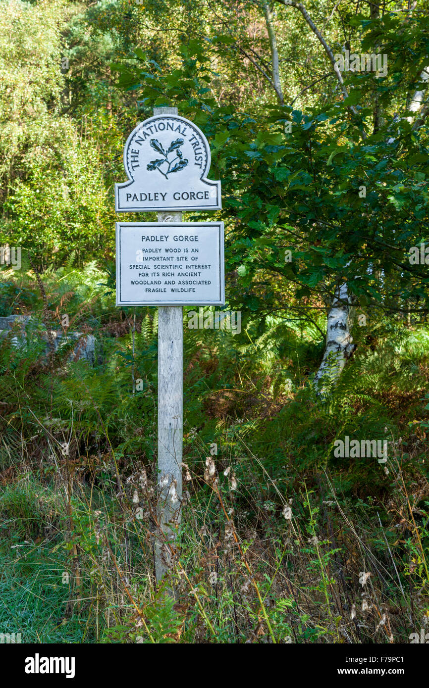 Sign on one of the paths into Padley Gorge, Derbyshire, Peak District ...