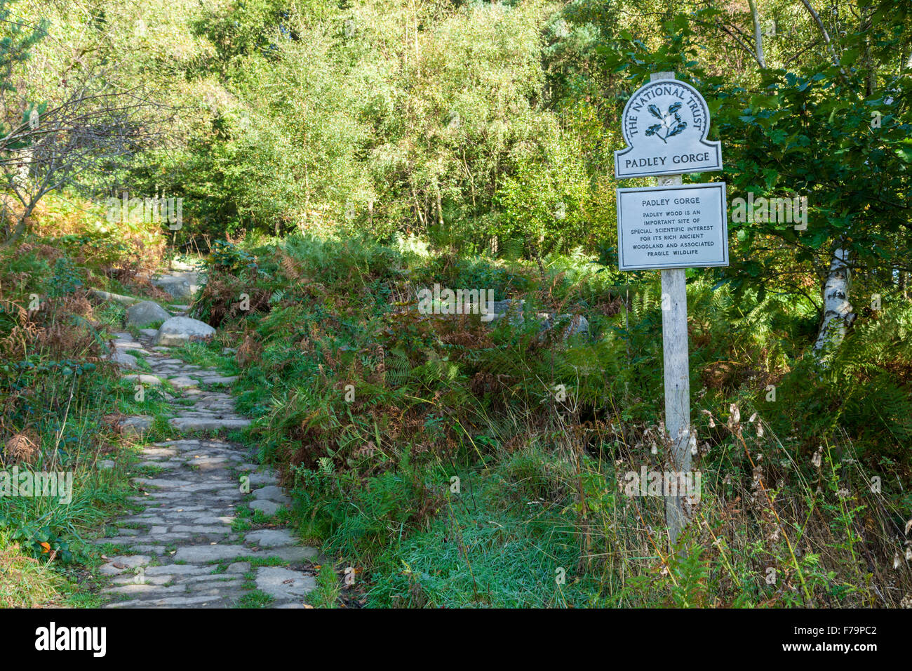 Sign on a path into Padley Gorge, Derbyshire, Peak District National ...