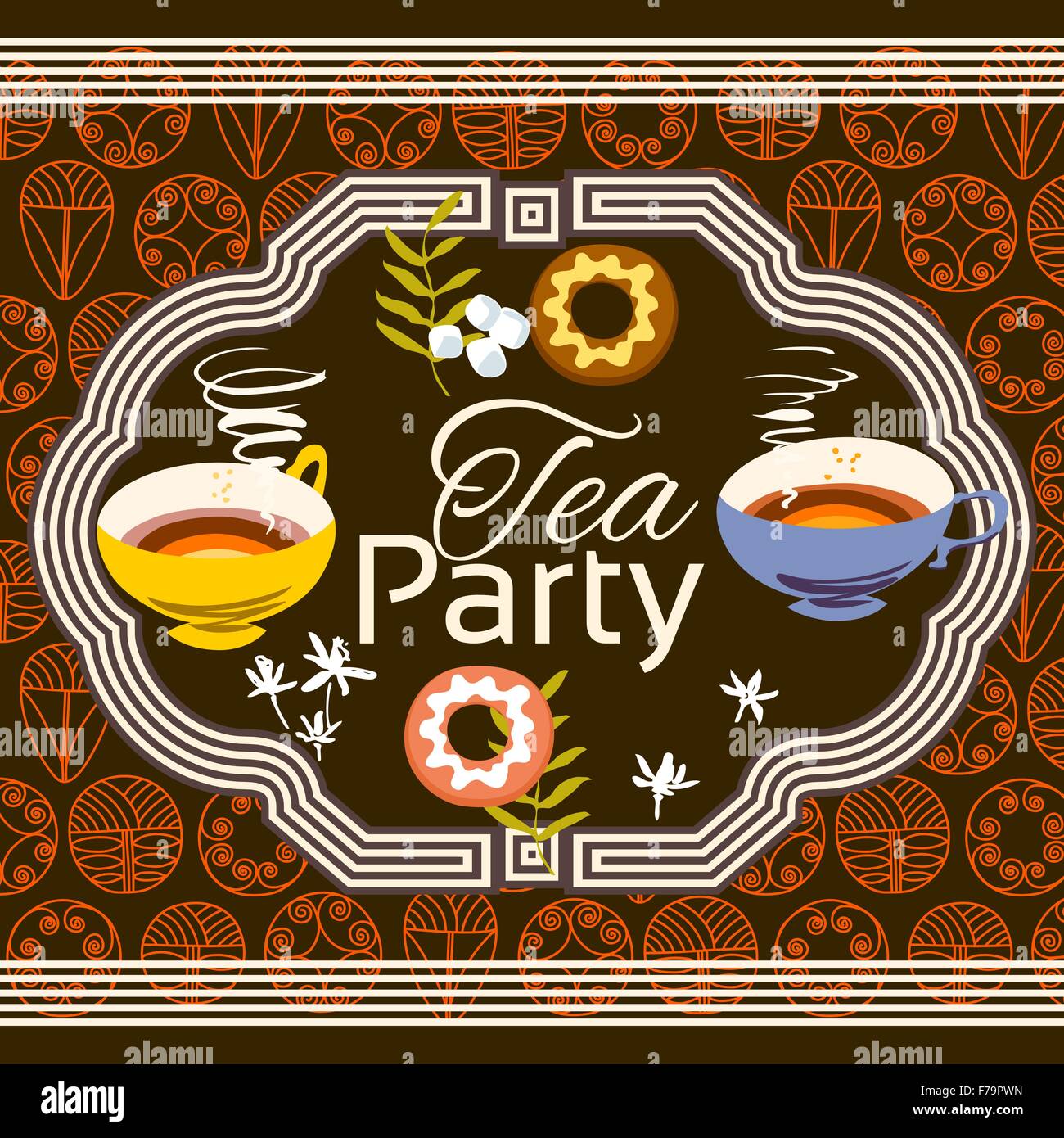 Tea party invitation card. Frame over pattern background, colorful ...