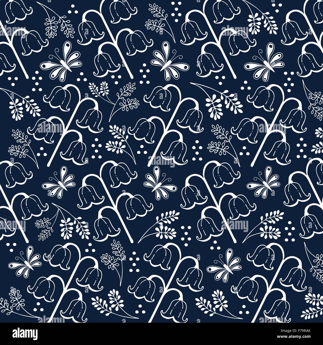 flower and leaf hand drawn doodle illustration white line and navy blue ...