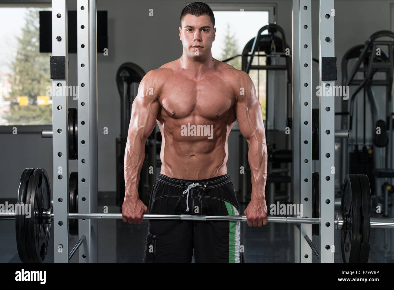 Young Bodybuilder Is Working On His Trapezius With Barbell In A Gym ...