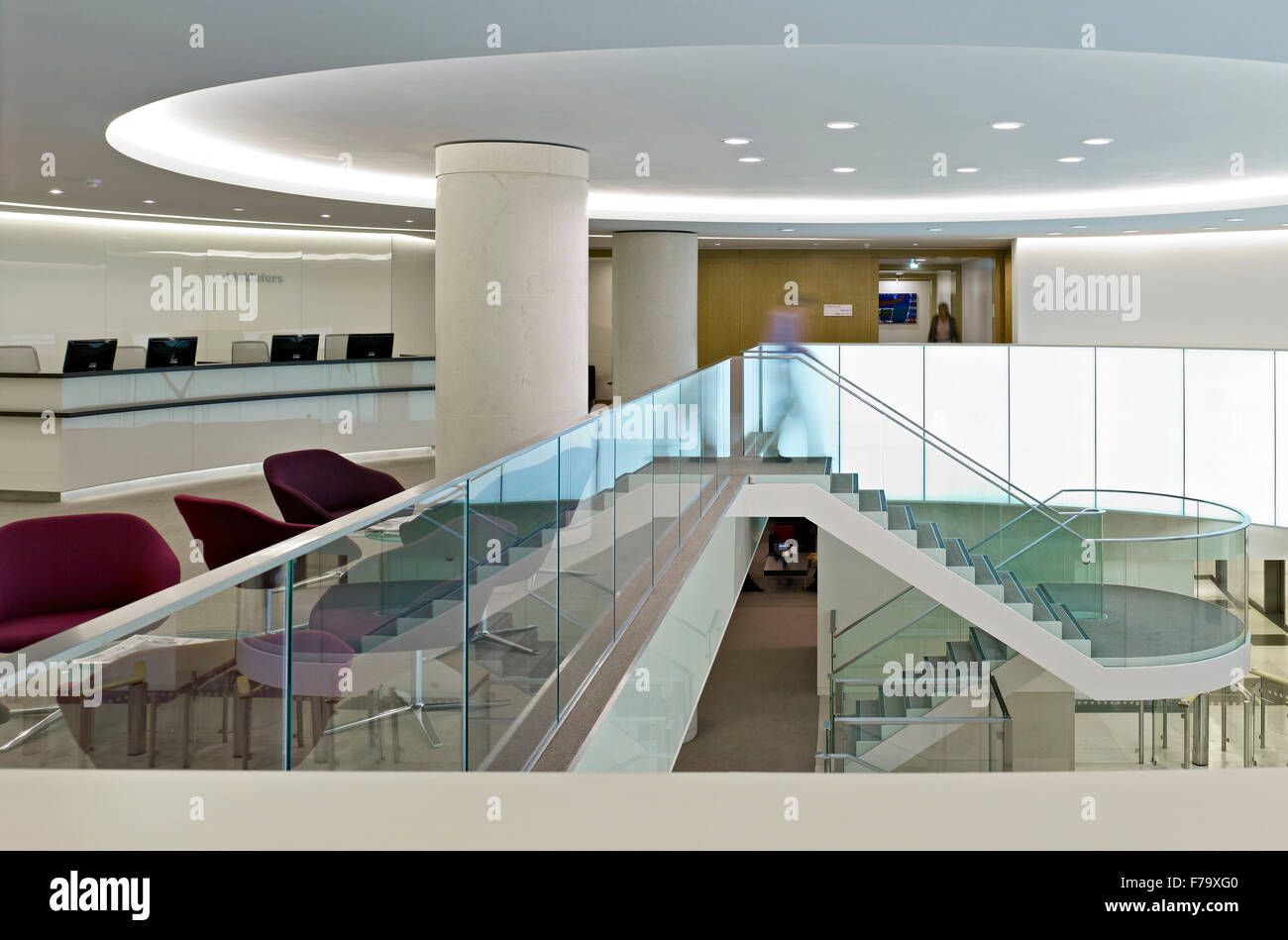 Pillar and staircase in Linklaters office headquarters building, London ...