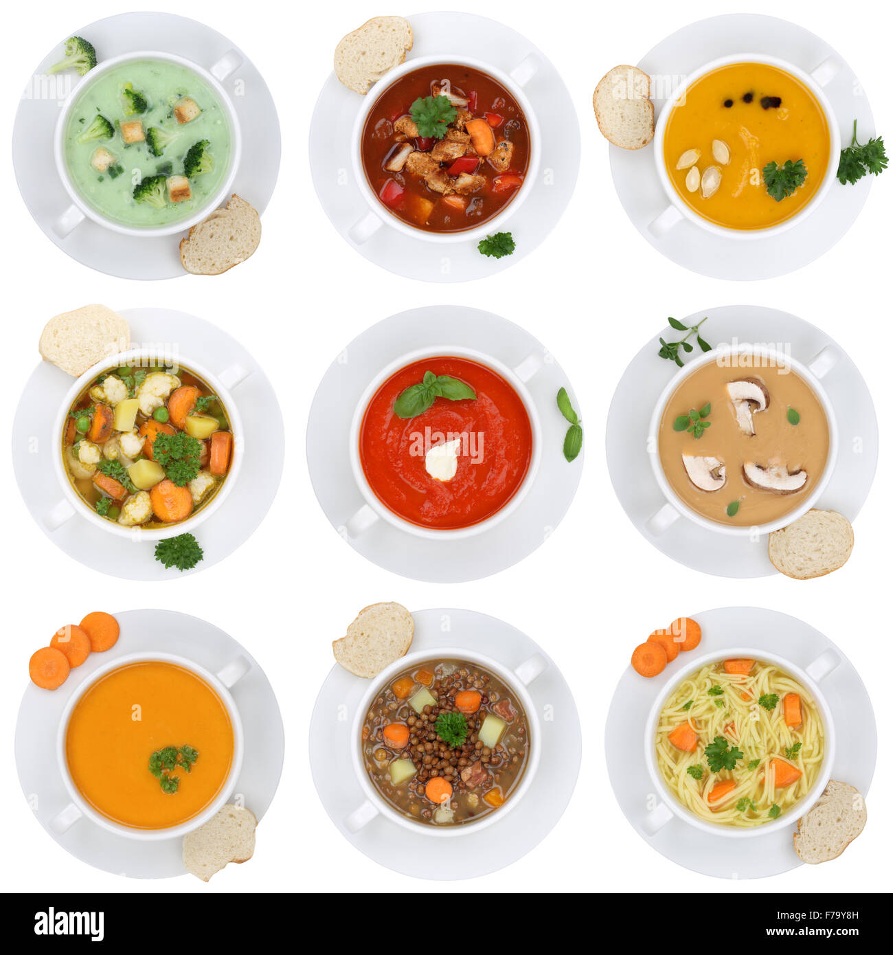 Collection of soups soup in cup tomato vegetable noodle isolated on a ...