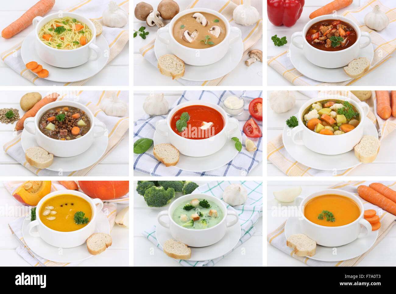 Collection of soups meal soup in bowl tomato vegetable noodle with ...