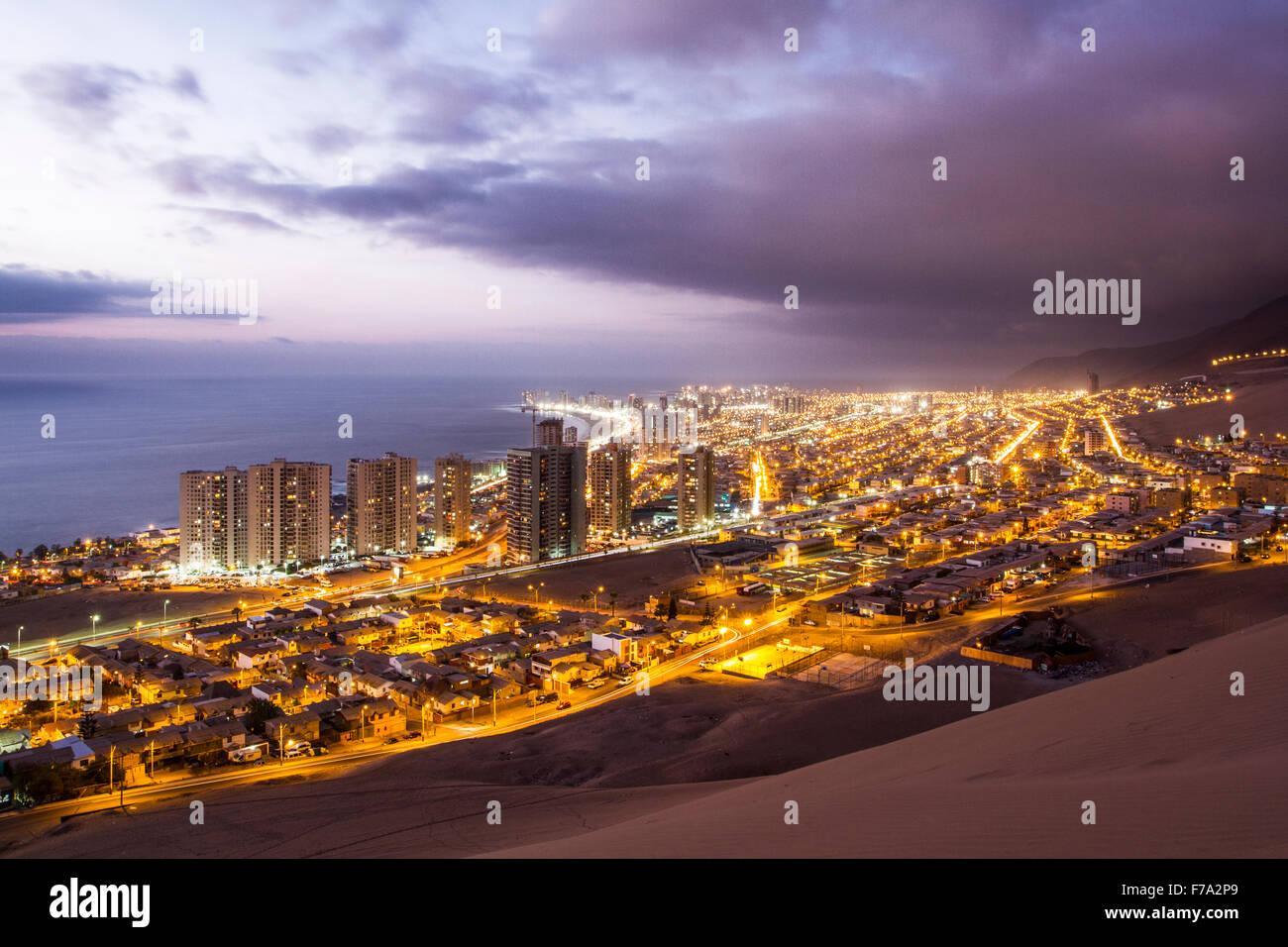 City of Iquique at dusk viewed from Cerro Dragon. Iquique, Tarapaca ...