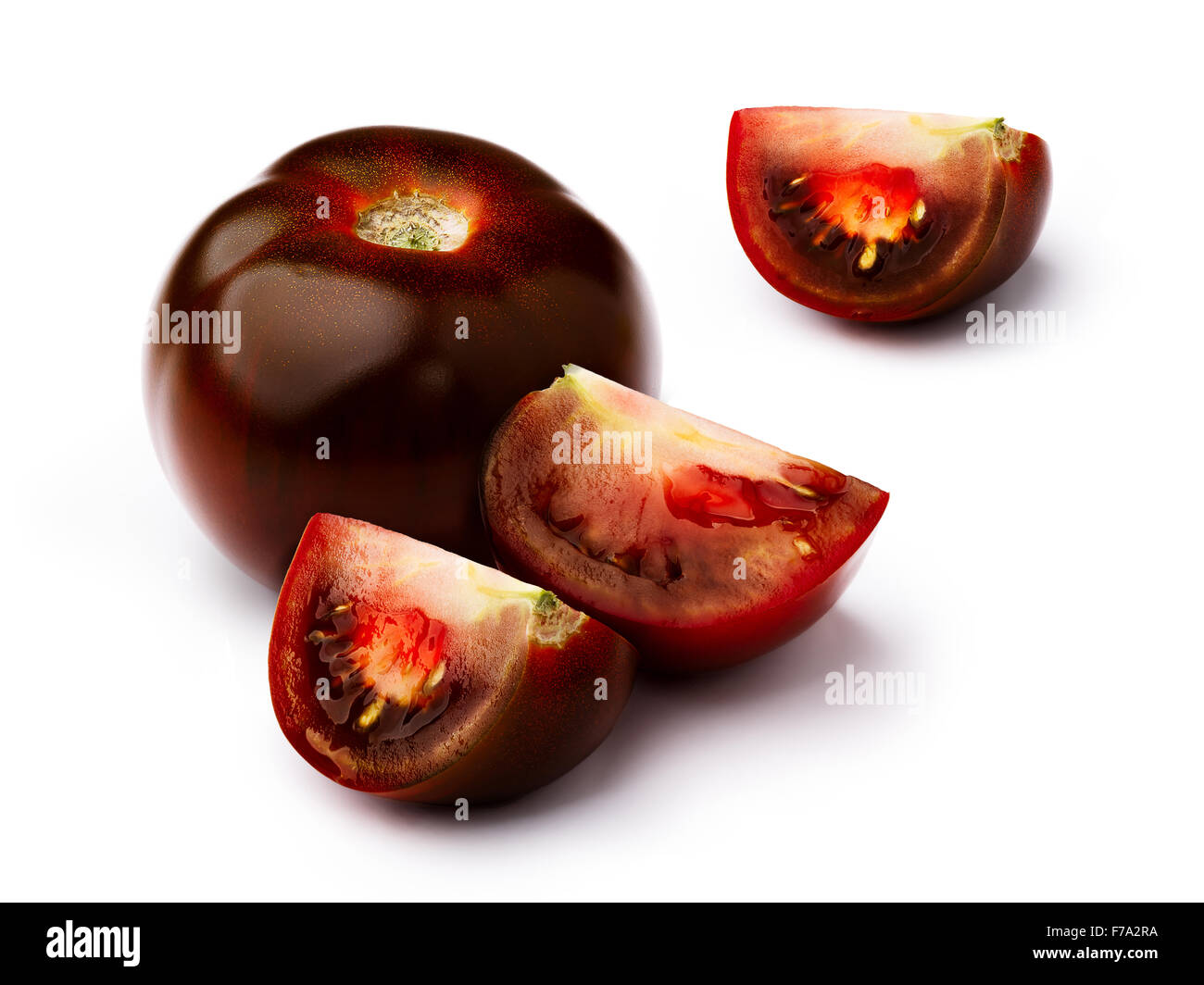 Dark red, green, black, brown tomato isolated on white, whole and ...