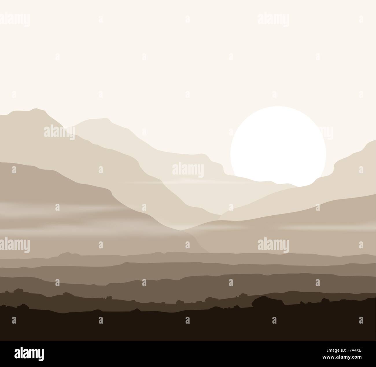 Lifeless landscape with huge mountains over sun Stock Vector Image ...