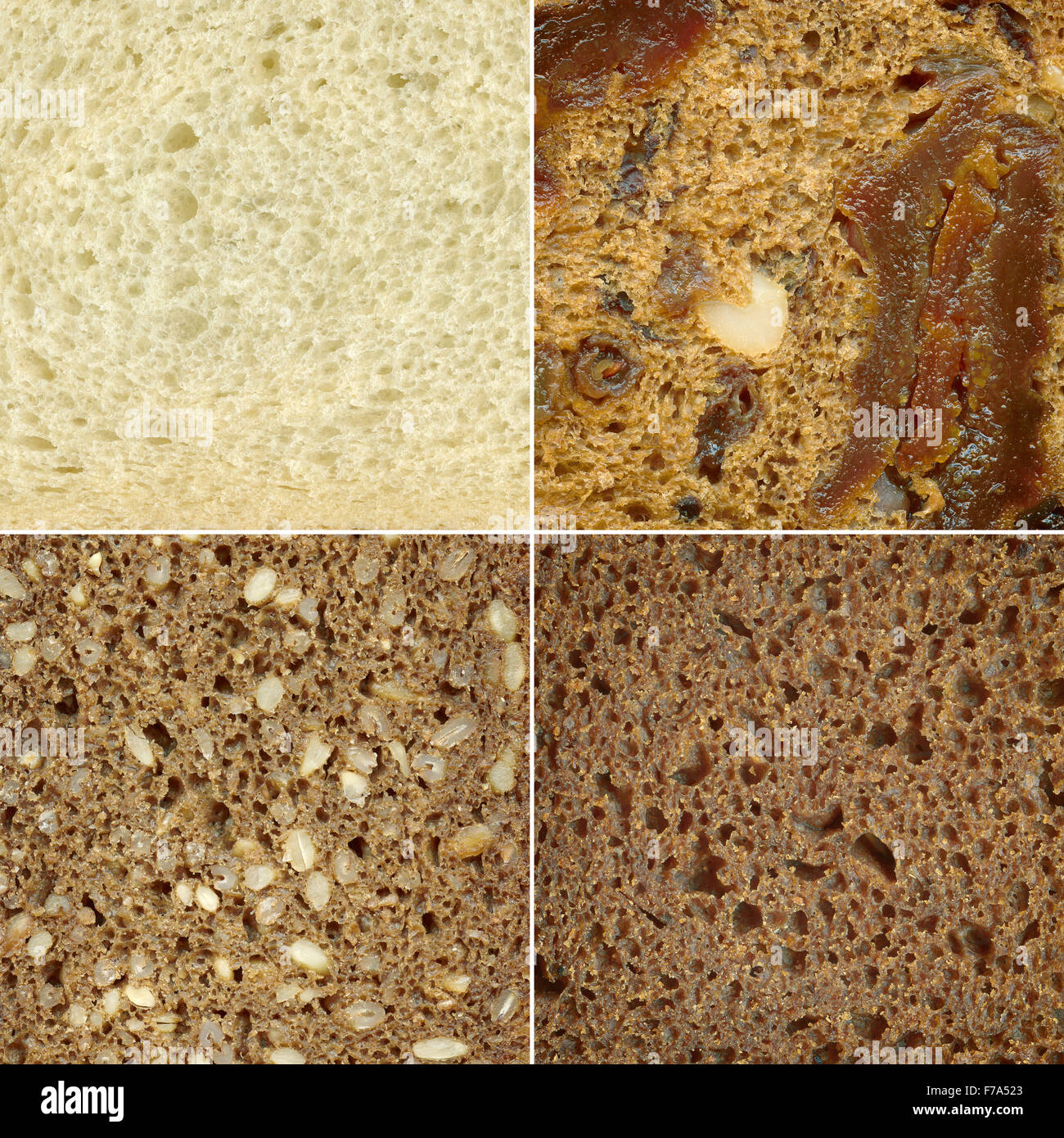Set of bread textures - white,with dried fruits,wholegrain and dark rye ...