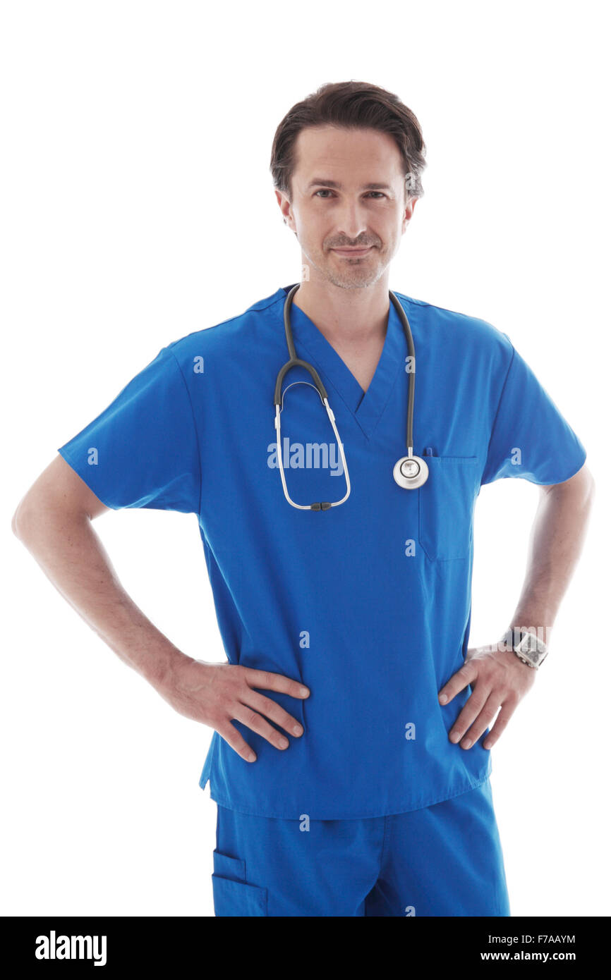 Portrait of young doctor in blue uniform isolated on white background ...