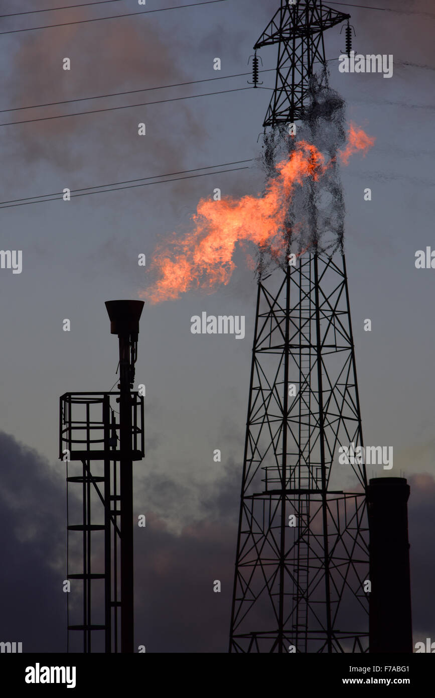 gas flare stack burning excess gases at petrochemical plant selby ...
