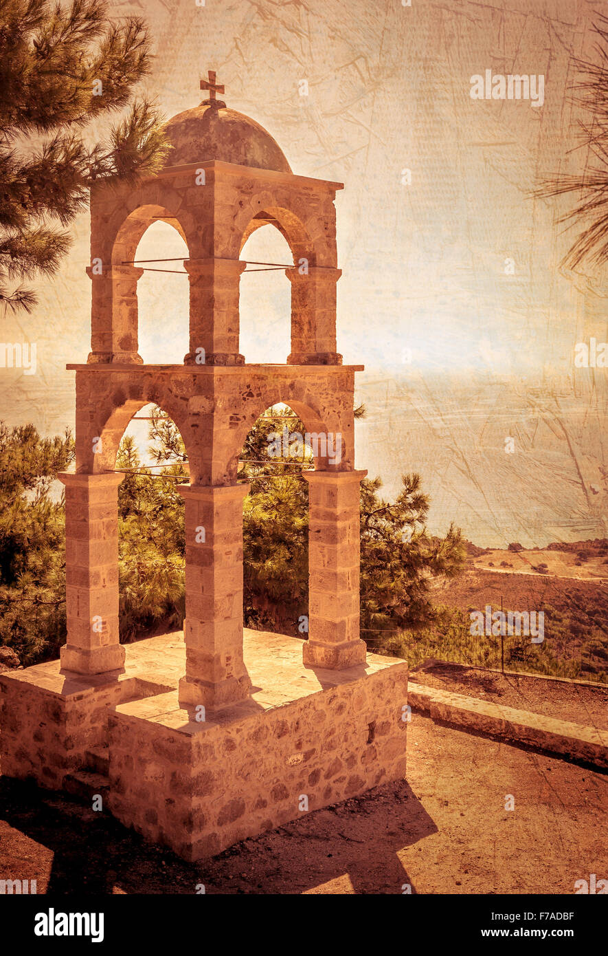 Greek stone bell tower. Textured effect applied Stock Photo - Alamy
