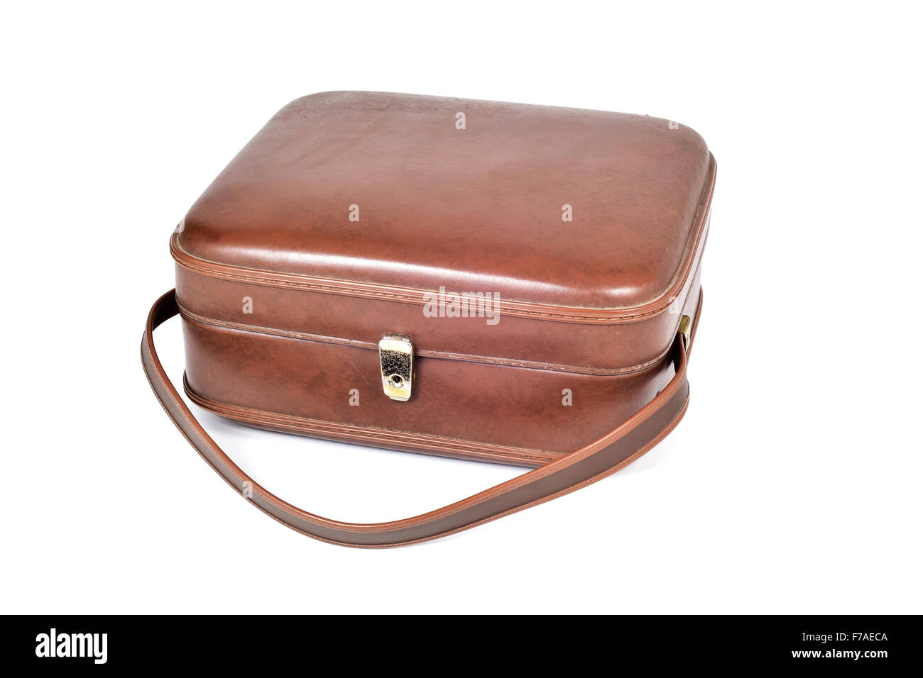 an old square brown leatherette suitcase on a white background Stock ...